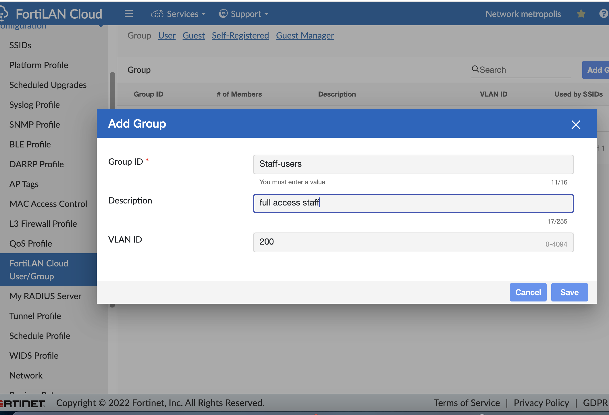 Fully authenticated users using Enterprise class WPA2 or WPA3. | FortiLAN Cloud 23.1.0
